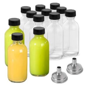 12 pack 2 oz glass bottles with lids & 2 funnels, glass shot jar, small glass containers with lids, spice jars, juice bottles, mini travel bottles, 60ml sample bottles for potion, ginger shots, oils