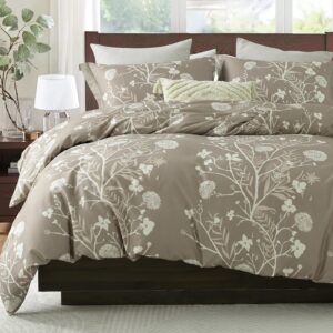 bedduvit floral duvet cover queen size - tan leaf queen duvet cover set, soft breathable flower patterned all season duvet covers with zipper closure & 8 ties (90"x90")