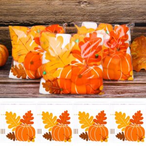 whaline 400pcs fall cellophane bags self-adhesive autumn leaves pumpkin cello bags plastic harvest thanksgiving candy goodie treat bags for party favor supplies, 5.1 x 5.1 inch