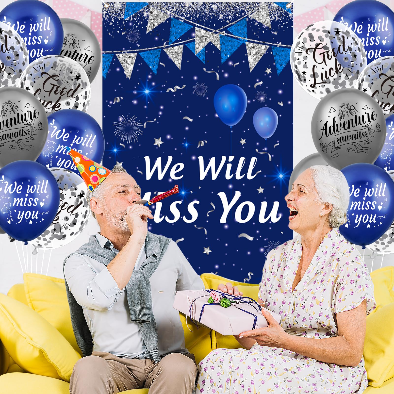 Blue Silver We Will Miss You Decorations Navy Blue We Will Miss You Door Cover Banner and 18pcs We Will Miss You Balloons for Men Women Retirement Graduation Going Away Farewell Party Decor Supplies