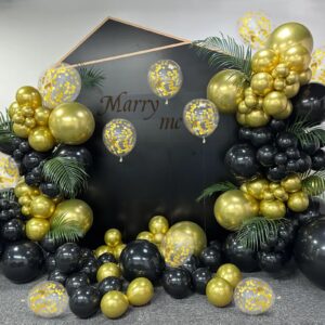 Black and Gold Balloons Kit, 12 Inches Metallic Gold Balloons Confetti Balloon and Black Balloons with Ribbon for Birthday Graduation New Year Decorations.50Pcs