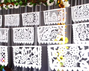 white papel picado banner - plastic papel picado banner, garland, bunting, streamers - fiesta decorations - mexican white decorations for mothers day, bridal shower, weddings 5 pack/60 feet