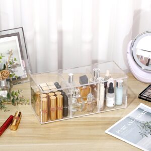 Hipiwe Acrylic Organizer with Lid Clear Jewelry Display Case Divided Bathroom Organizer Box Multi-purpose Desktop Organizer for Jewelry Cosmetic Candy Hair Accessories,Rectangle with 3 Compartment