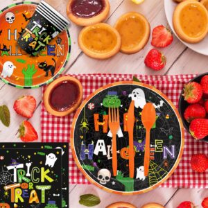 Halloween Party Supplies Set, Halloween Party Supplies Decoration - Paper Plates, Napkins, Cups, Cutlery, Banner and Hanging Swirls - 24 Serves