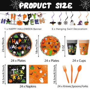 Halloween Party Supplies Set, Halloween Party Supplies Decoration - Paper Plates, Napkins, Cups, Cutlery, Banner and Hanging Swirls - 24 Serves