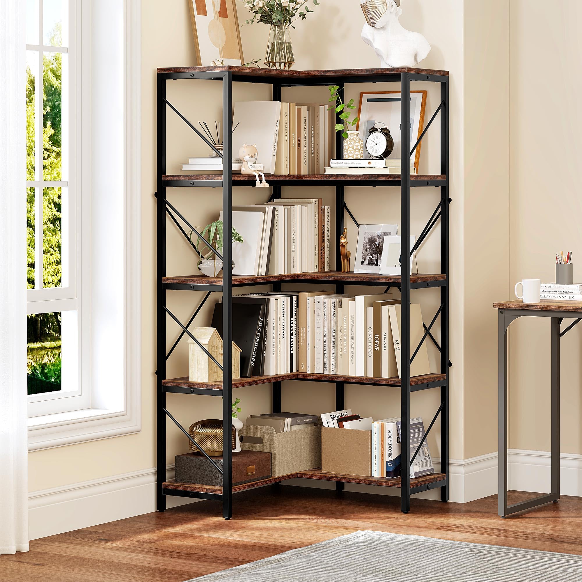 YITAHOME Corner Bookshelf, Industrial Corner Shelf 5 Tier Bookcase, Large Display Rack Storage for Bedroom, Living Room, Home Office,Rustic Brown