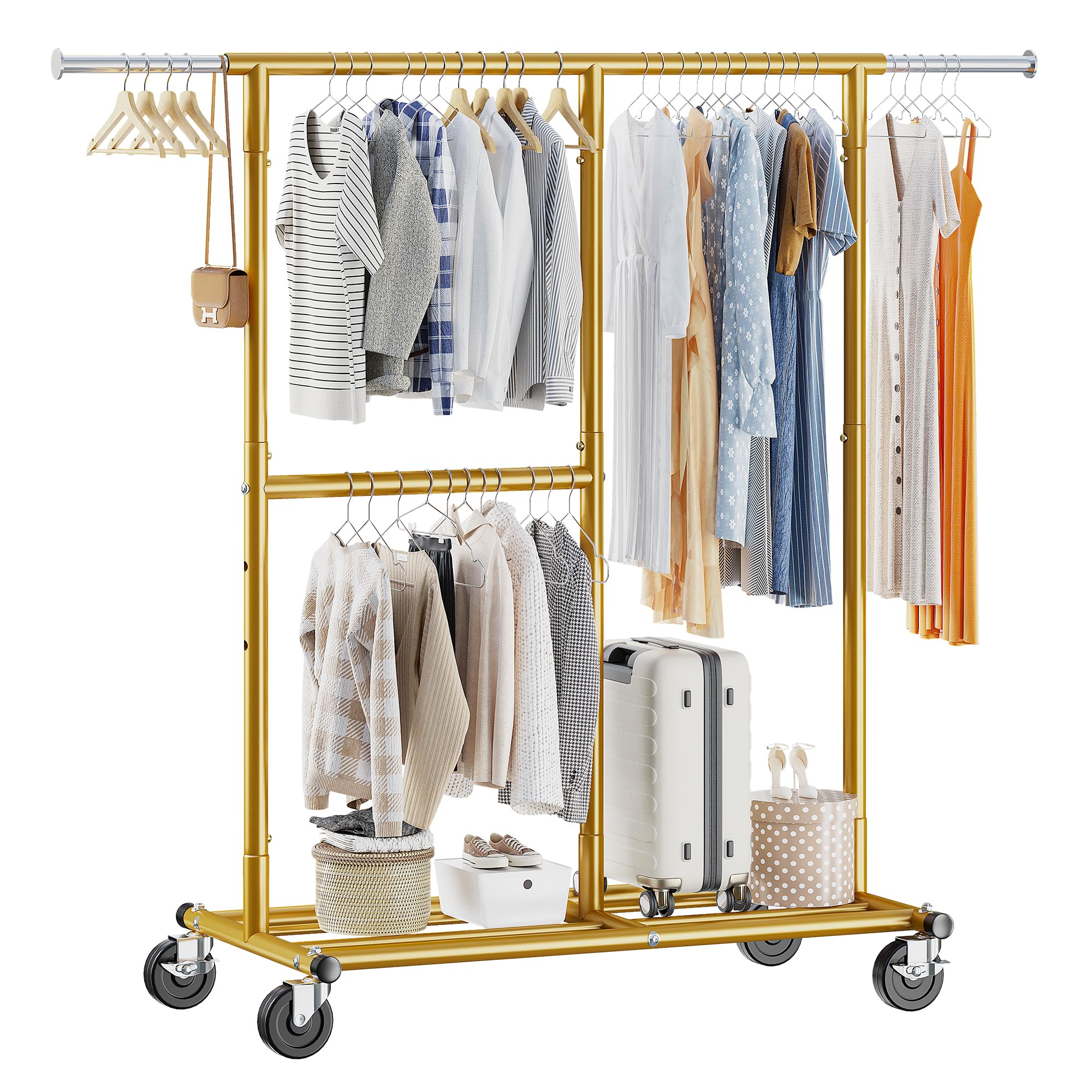 Raybee Clothes Rack Heavy Duty 405LBS Clothing Racks for Hanging Clothes 200+ Rolling Clothes Rack, Metal Clothing Rack with Wheels Rolling Commercial Garment Rack Portable Clothes Rack, Gold