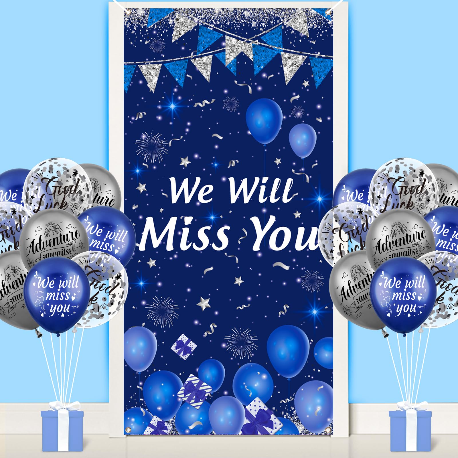 Blue Silver We Will Miss You Decorations Navy Blue We Will Miss You Door Cover Banner and 18pcs We Will Miss You Balloons for Men Women Retirement Graduation Going Away Farewell Party Decor Supplies