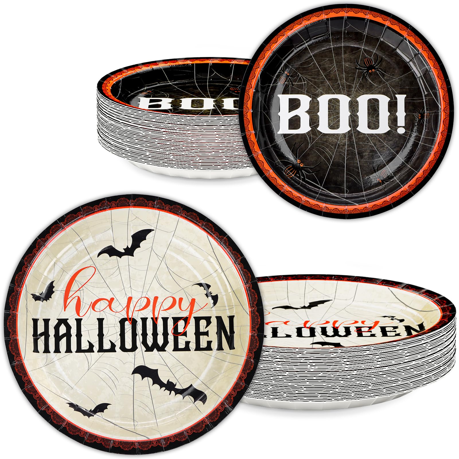 ECOHOLA Wicked Webs Halloween Party Supplies, 100 Pcs of Disposable 9'' and 7'' Plates Bats Spiders and Cobwebs Kid-Friendly Halloween Haunted Décor Paper Disposable Plates Set