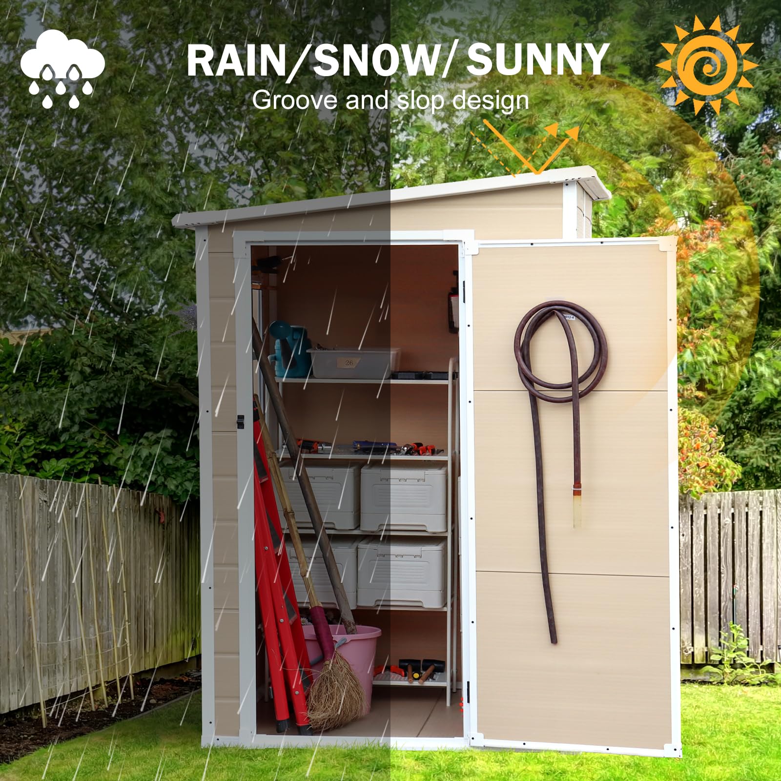 SELLERWE 5x4 FT Outdoor Storage Shed, Waterproof Resin Storage Shed with Floor & Window & Lockable Door, Tool Shed for Garden Patio, Backyard