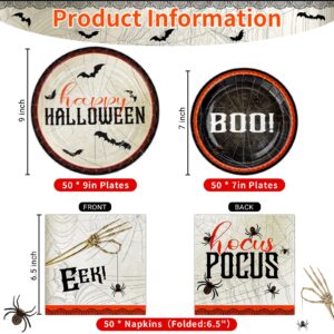 ECOHOLA Wicked Webs Halloween Dinnerware Party Supplies, 9.2" Paper Dinner Plates, 7" Paper Dessert Plates, 6.5" Napkins, Bats Spiders Skeleton Hand Hocus Pocus Halloween Decoration Set Serves 50