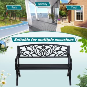 YRLLENSDAN 50" Outdoor Bench w/Floral Design Backrest Garden Bench, Cast Iron Patio Bench Arch Legs Metal Benches for Porch Lawn Front Porch, Black