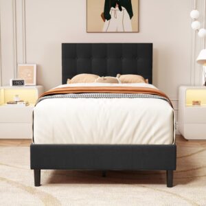 alazyhome twin size upholstered platform bed frame with button tufted linen headboard wood slat support easy assembly no box spring needed black