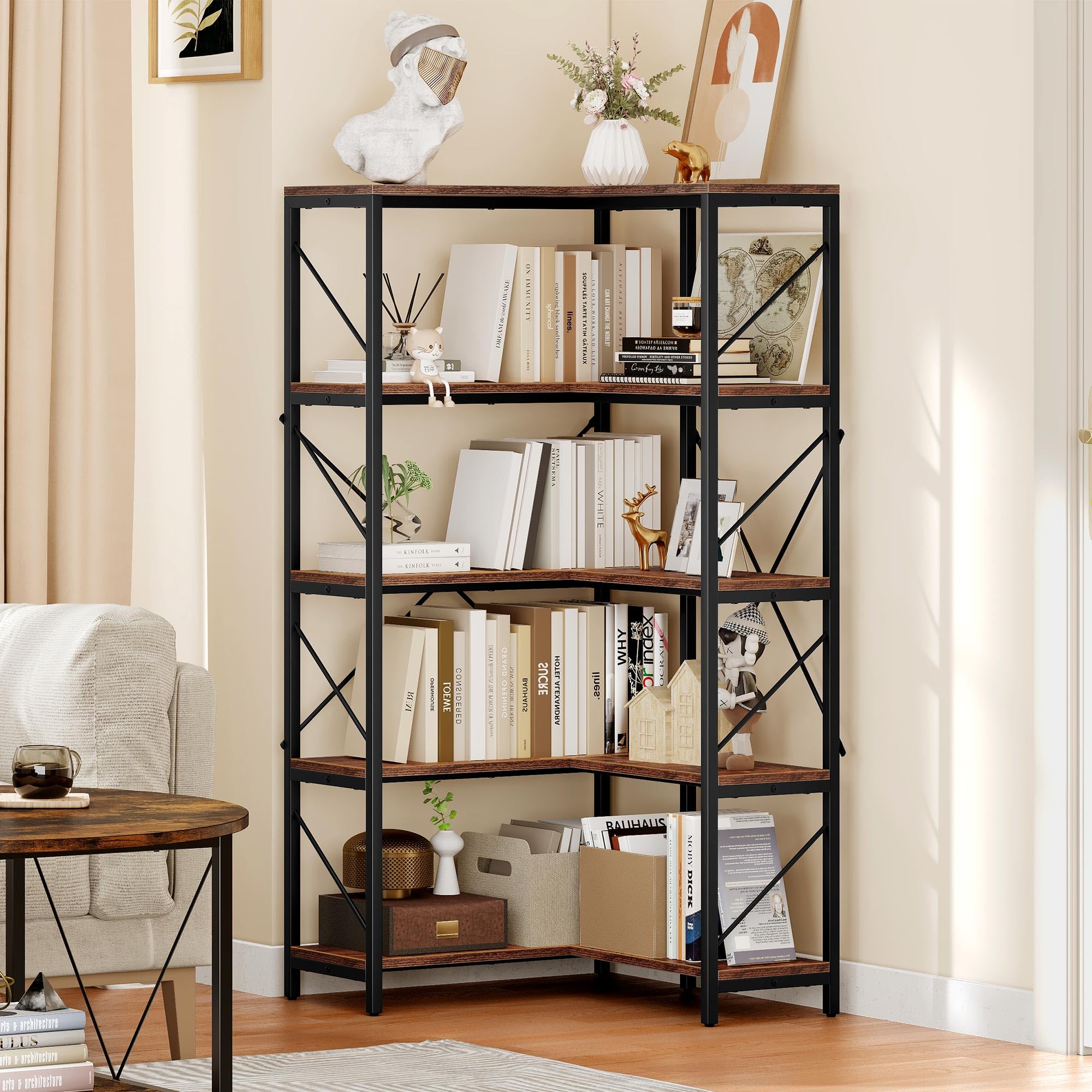 YITAHOME Corner Bookshelf, Industrial Corner Shelf 5 Tier Bookcase, Large Display Rack Storage for Bedroom, Living Room, Home Office,Rustic Brown