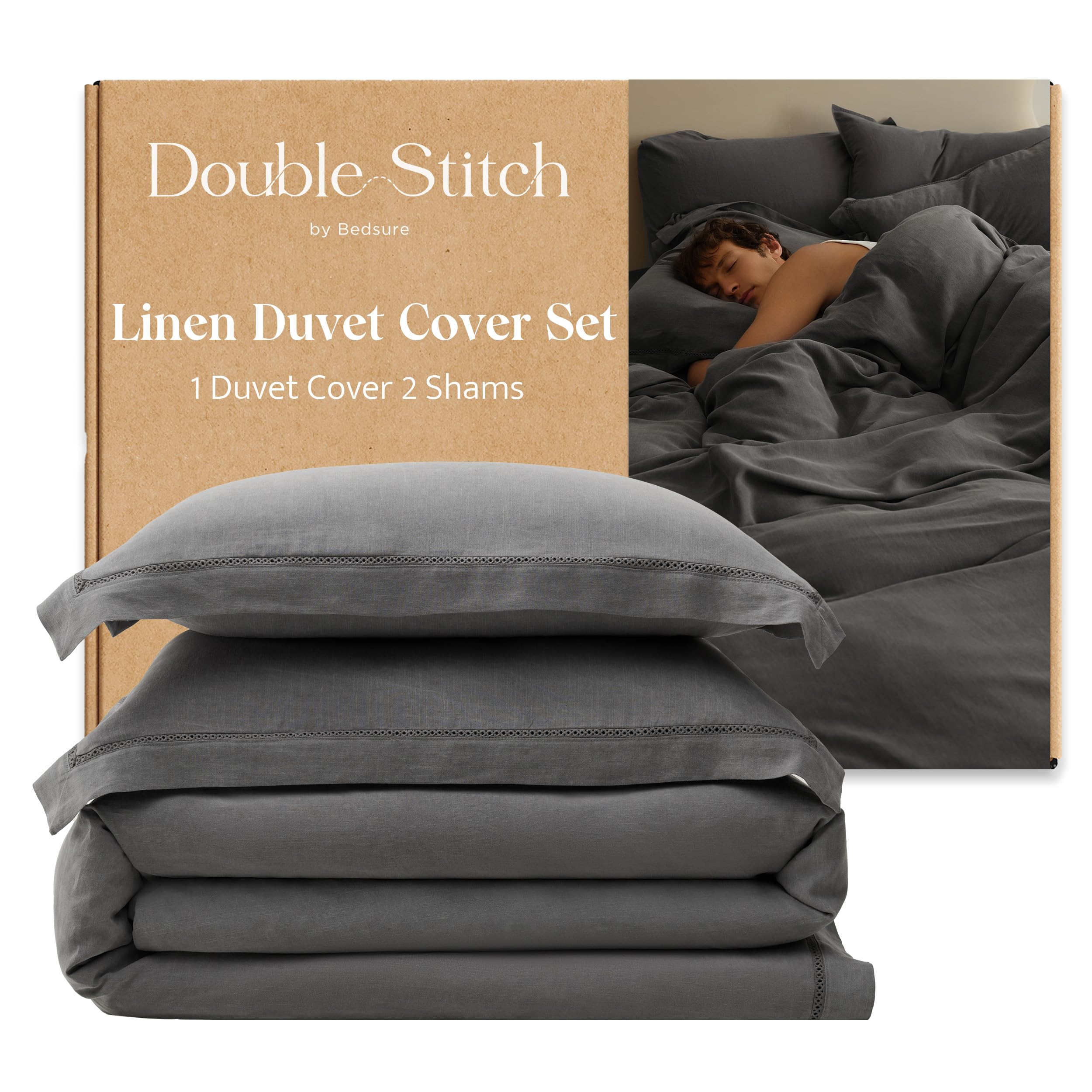 Double Stitch Linen Duvet Cover Set - Soft European Linen Blend Duvet Cover King, Sustainable Moisture-Wicking Cooling Duvet Cover Set, Luxury Bedding Set, 1 Duvet Cover, 2 Shams, Charcoal Grey