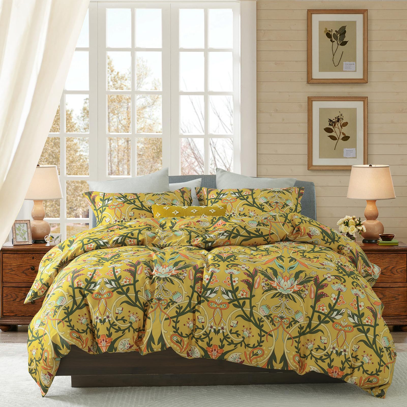 EWlinens Vintage Floral Duvet Cover King - Garden Flower Duvet Cover Set, Soft Cotton Yellow Floral Duvet Cover 3 Pieces Botanical Bedding Set with Zipper Closure, 104"x90"