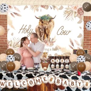 JOYMEMO Brown Highland Cow Baby Shower Decorations for Boy, Holy Cow We are Having a Baby Backdrop Decor with Welcome Baby Print Banner Cake Topper, Farm Highland Cattle Baby Shower Party Supplies