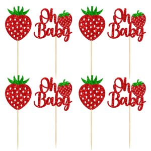 24 Pack Sweet Oh Baby Cupcake Toppers Glitter Oh Baby Strawberry Cupcake Picks Fruit Berry Cupcake Decorations for Summer Strawberry Baby Shower Kids Birthday Party Supplies Red