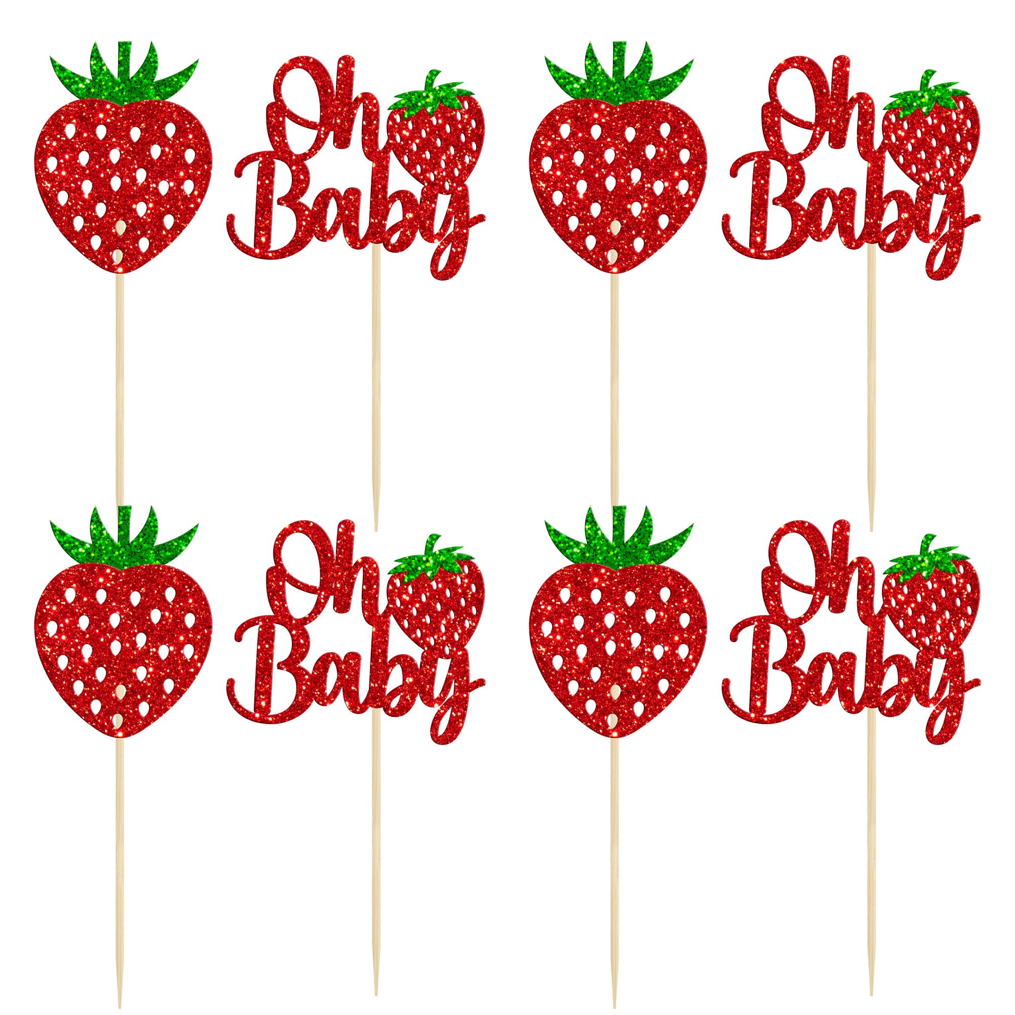 24 Pack Sweet Oh Baby Cupcake Toppers Glitter Oh Baby Strawberry Cupcake Picks Fruit Berry Cupcake Decorations for Summer Strawberry Baby Shower Kids Birthday Party Supplies Red