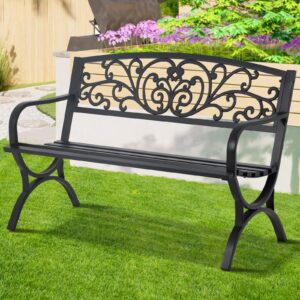 YRLLENSDAN 50" Outdoor Bench w/Floral Design Backrest Garden Bench, Cast Iron Patio Bench Arch Legs Metal Benches for Porch Lawn Front Porch, Black