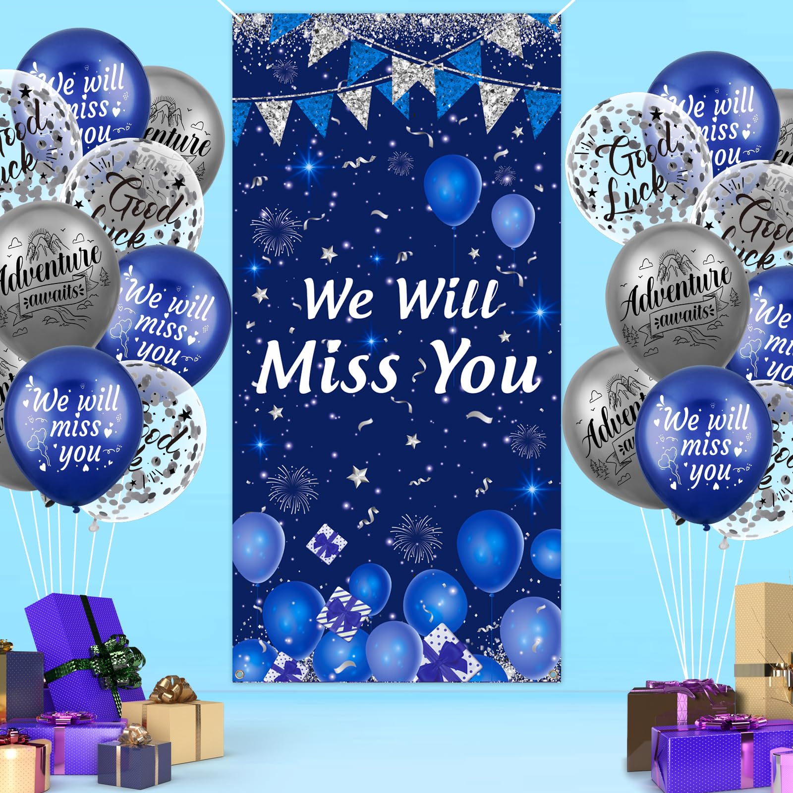 Blue Silver We Will Miss You Decorations Navy Blue We Will Miss You Door Cover Banner and 18pcs We Will Miss You Balloons for Men Women Retirement Graduation Going Away Farewell Party Decor Supplies