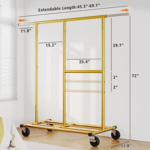 Raybee Clothes Rack Heavy Duty 405LBS Clothing Racks for Hanging Clothes 200+ Rolling Clothes Rack, Metal Clothing Rack with Wheels Rolling Commercial Garment Rack Portable Clothes Rack, Gold