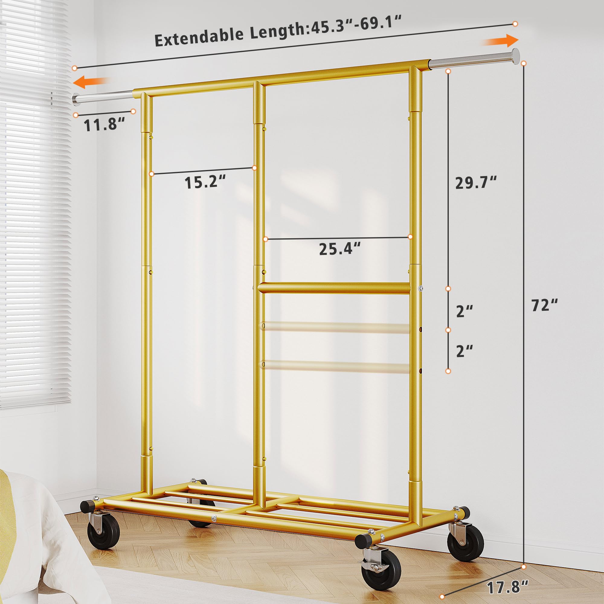 Raybee Clothes Rack Heavy Duty 405LBS Clothing Racks for Hanging Clothes 200+ Rolling Clothes Rack, Metal Clothing Rack with Wheels Rolling Commercial Garment Rack Portable Clothes Rack, Gold