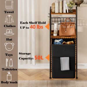 Furnulem 2 Tiers Laundry Hamper with Wooden Shelf and Hooks, Vertical Laundry Basket with Pull-Out and Removable Bag, Clothes Hamper with Divided Bag for Laundry Room, Bathroom, Bedroom, Dorm