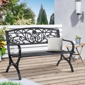 YRLLENSDAN 50" Outdoor Bench w/Floral Design Backrest Garden Bench, Cast Iron Patio Bench Arch Legs Metal Benches for Porch Lawn Front Porch, Black