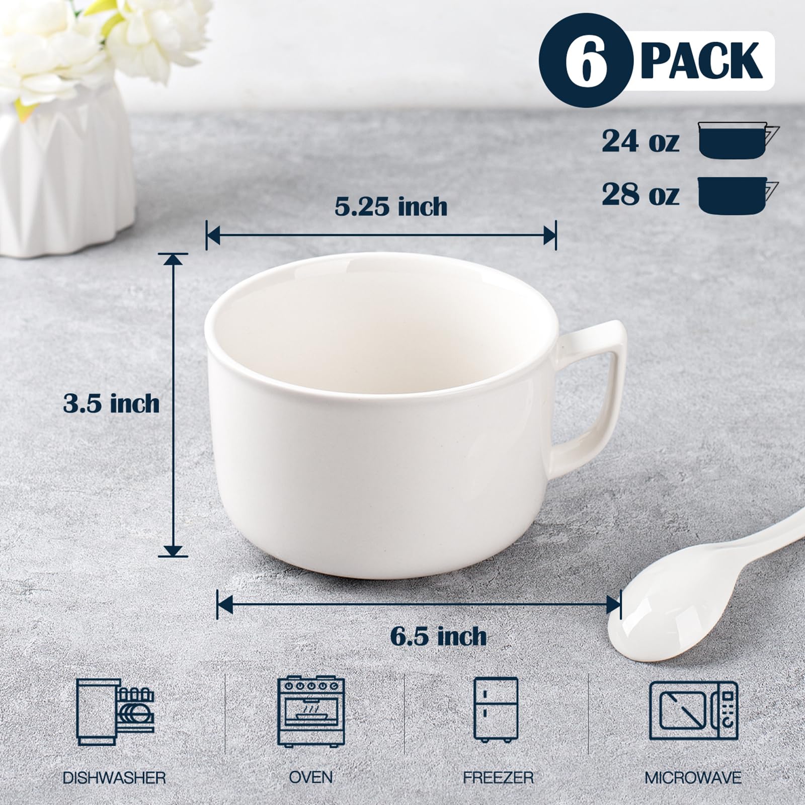 DELLING 6 Pack Soup Mugs with Handle, 28 Ounces Large Ceramic Soup Cups, White Soup Bowls for Salad, Ramen, Cereals, Stews, Oatmeals, Chilli, Microwave & Dishwasher Safe