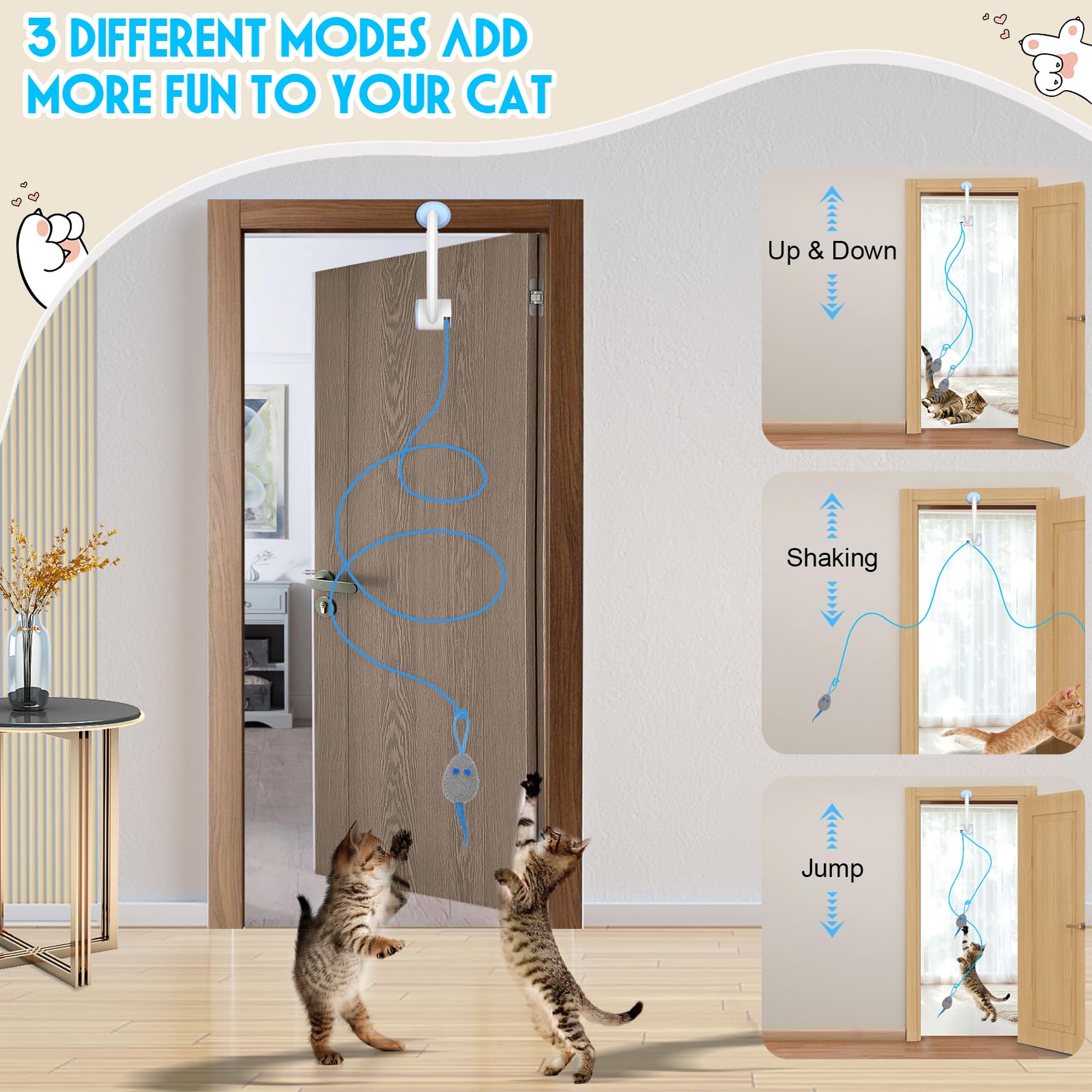 Kezlume Cat Toy Interactive for Indoor Cats, Smart USB Rechargeable Door Hanging Automatic Retractable Kitten Toys, Teaser Electronic Self Play Feather Cat String Toy Attached with 3 Catnip Mice White