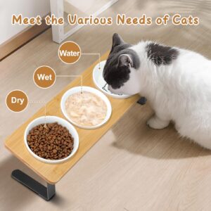 3 Elevated Cat Bowls Tilted Anti Vomiting Ceramic Raised Cat Food Bowls for Food and Water, Cat Dishes for Indoor Cats with Non-Slip Stand & Bamboo Board, Dishwasher Safe - 1 Step Assemble