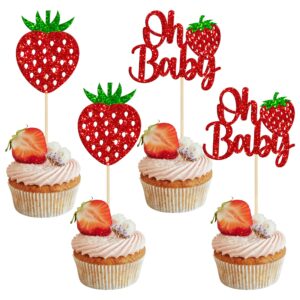 24 pack sweet oh baby cupcake toppers glitter oh baby strawberry cupcake picks fruit berry cupcake decorations for summer strawberry baby shower kids birthday party supplies red