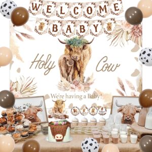 JOYMEMO Brown Highland Cow Baby Shower Decorations for Boy, Holy Cow We are Having a Baby Backdrop Decor with Welcome Baby Print Banner Cake Topper, Farm Highland Cattle Baby Shower Party Supplies