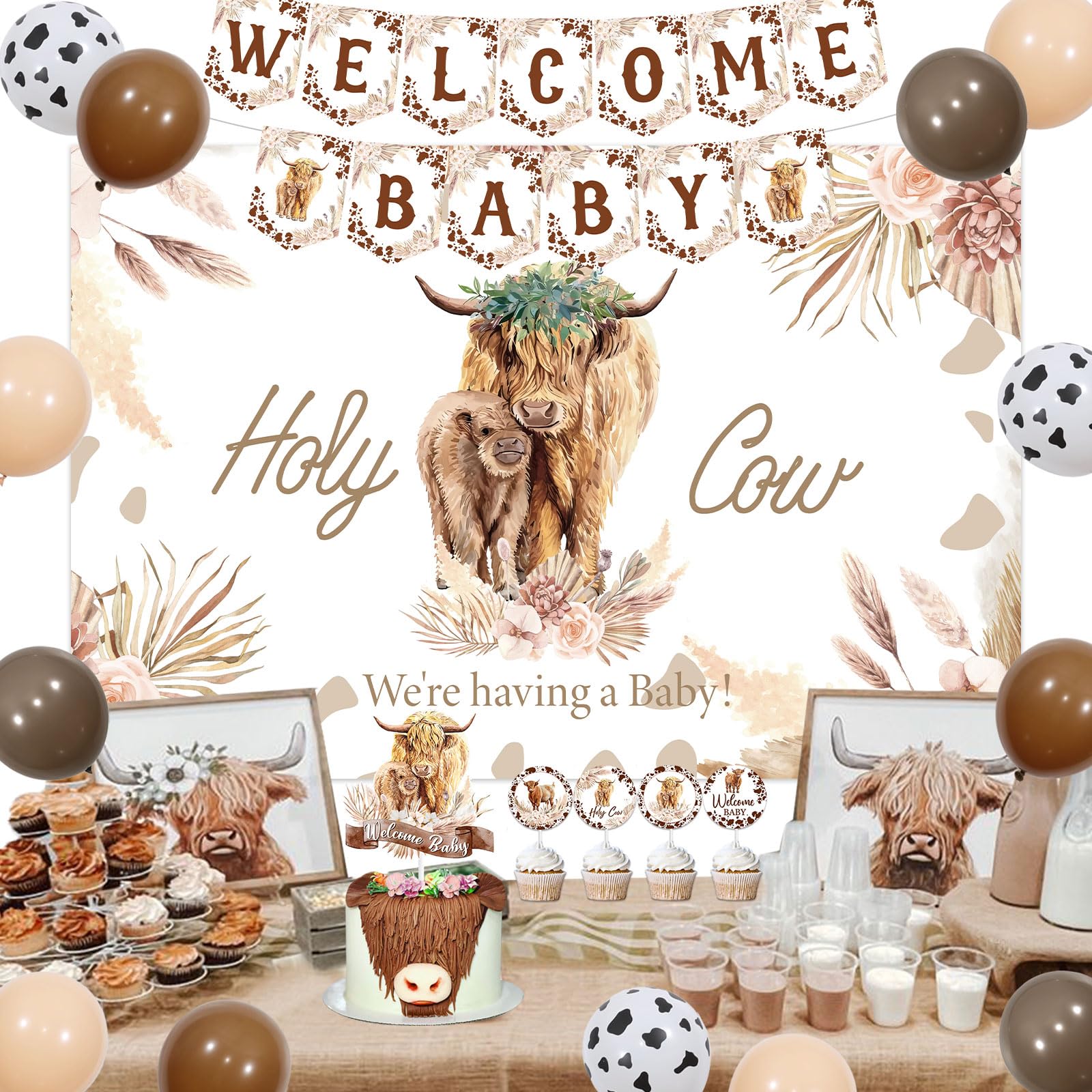 JOYMEMO Brown Highland Cow Baby Shower Decorations for Boy, Holy Cow We are Having a Baby Backdrop Decor with Welcome Baby Print Banner Cake Topper, Farm Highland Cattle Baby Shower Party Supplies