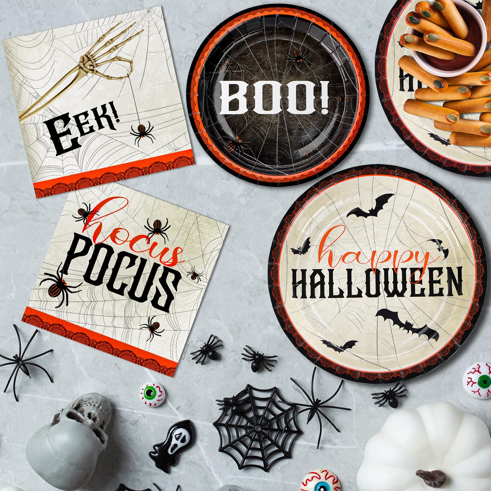 ECOHOLA Wicked Webs Halloween Dinnerware Party Supplies, 9.2" Paper Dinner Plates, 7" Paper Dessert Plates, 6.5" Napkins, Bats Spiders Skeleton Hand Hocus Pocus Halloween Decoration Set Serves 50