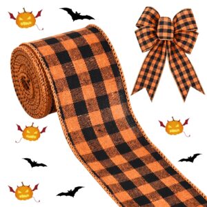 toniful 2.5 inch orange black buffalo plaid burlap ribbon wired edge ribbon thanksgiving fall halloween christmas wired ribbon for crafts gift tree topper wreath bows outdoor indoor decorations 6yds