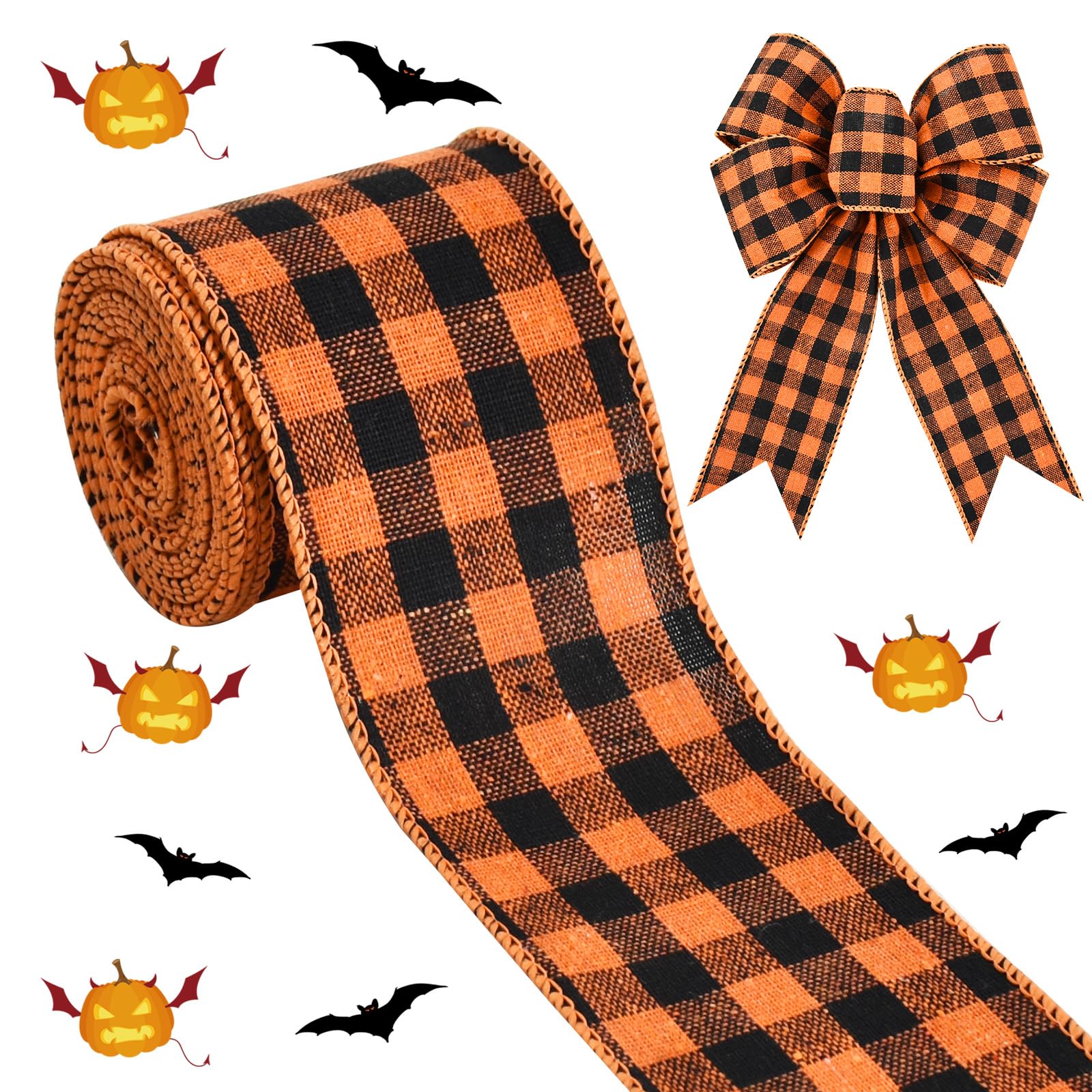 TONIFUL 2.5 Inch Orange Black Buffalo Plaid Burlap Ribbon Wired Edge Ribbon Thanksgiving Fall Halloween Christmas Wired Ribbon for Crafts Gift Tree Topper Wreath Bows Outdoor Indoor Decorations 6yds