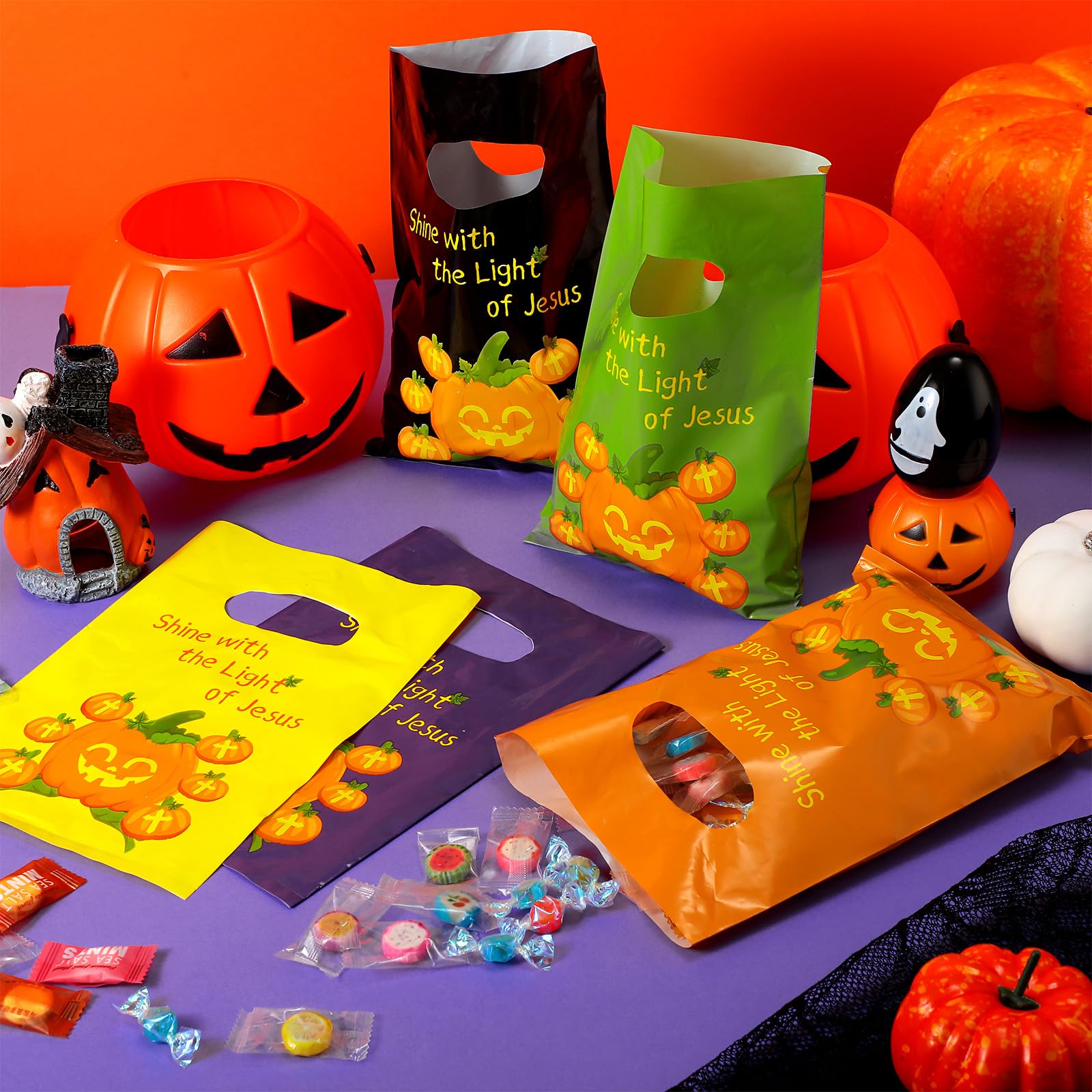 300 Pcs Halloween Religious Pumpkin Candy Bags for Kids Bulk Christian Jesus Bible Gift Goody Bags Halloween Trick or Treat Bags for Halloween Party Favor