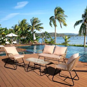 fkslife outdoor wicker patio conversation set, all-weather rattan conversation chairs for backyard, balcony, deck ，porch ，with soft cushions (beige+beige, 4-piece set)