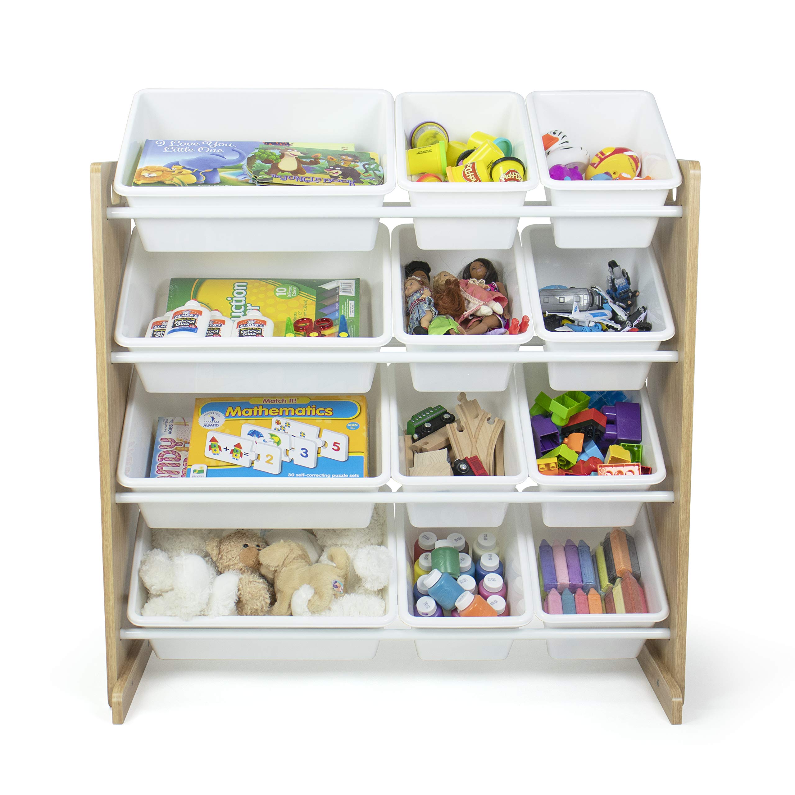 Humble Crew, Natural Wood/White Kids Toy Organizer with 12 Storage Bins & 4 tier, Natural/White Kids Book Rack Storage Bookshelf with Deep Sleeves, Universal