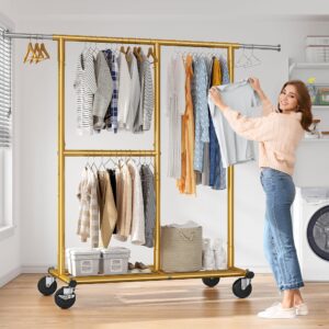 Raybee Clothes Rack Heavy Duty 405LBS Clothing Racks for Hanging Clothes 200+ Rolling Clothes Rack, Metal Clothing Rack with Wheels Rolling Commercial Garment Rack Portable Clothes Rack, Gold