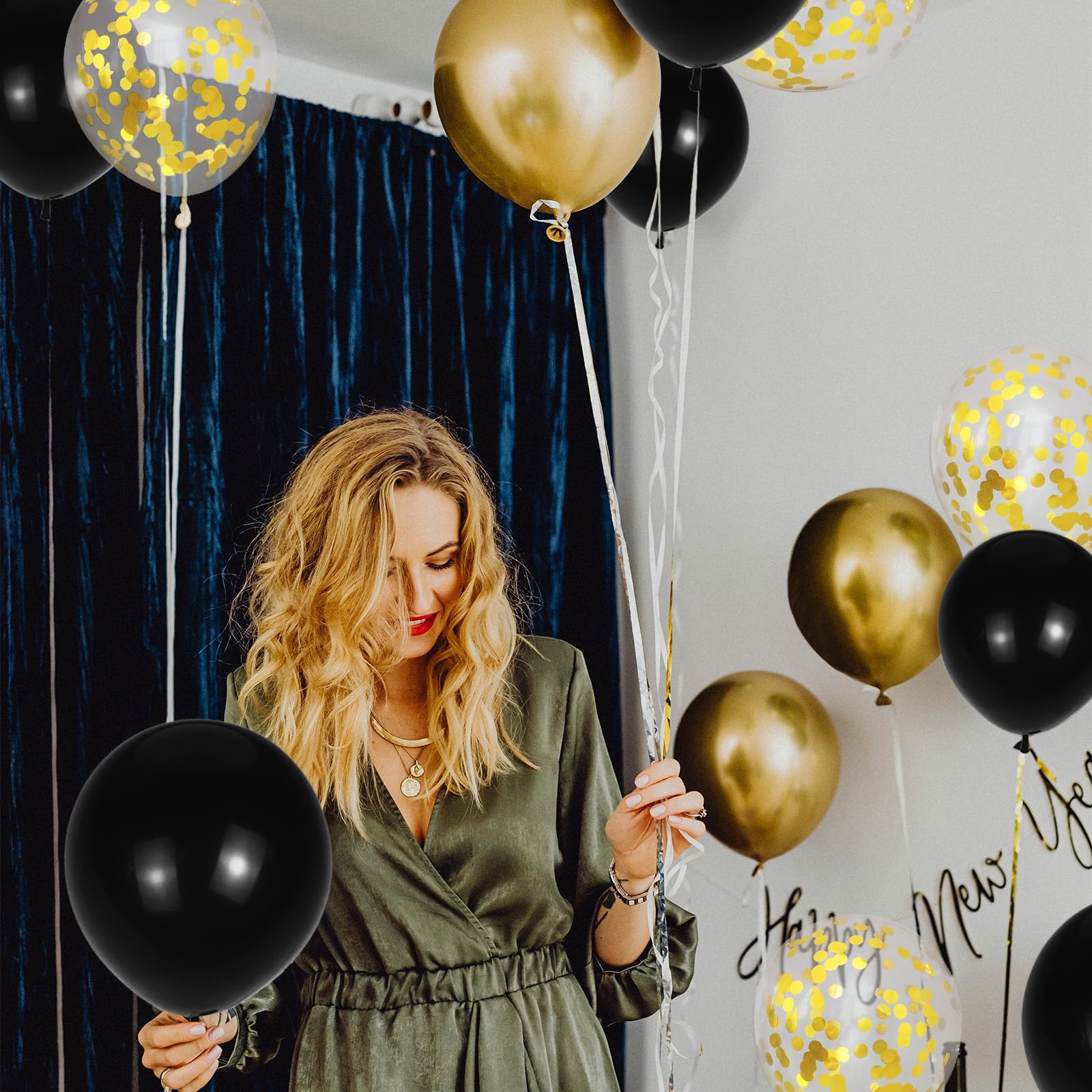 Black and Gold Balloons Kit, 12 Inches Metallic Gold Balloons Confetti Balloon and Black Balloons with Ribbon for Birthday Graduation New Year Decorations.50Pcs