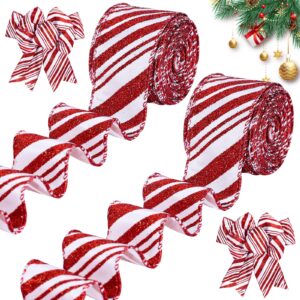 whaline 2 rolls 20 yards christmas wired edge ribbons glitter red white stripes ribbon christmas candy cane gift wrapping ribbons for diy wreath floral arrangement bow decoration supplies, 1.5 inch