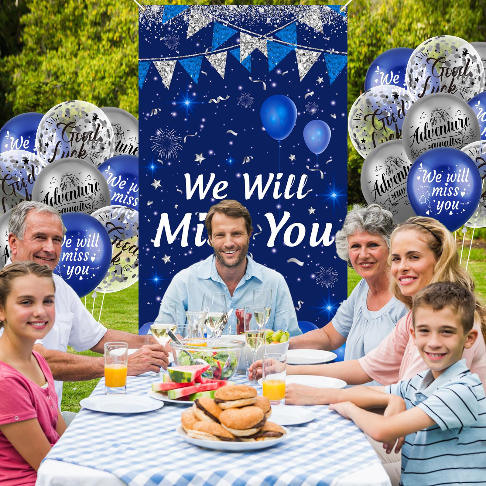 Blue Silver We Will Miss You Decorations Navy Blue We Will Miss You Door Cover Banner and 18pcs We Will Miss You Balloons for Men Women Retirement Graduation Going Away Farewell Party Decor Supplies