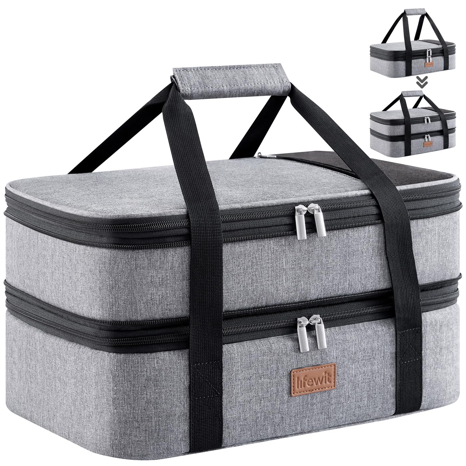 Lifewit Insulated Double Casserole Carrier Thermal Lunch Tote for Potluck Parties, Picnic, Beach, Fits 9 x 13 Inches Casserole Dish, Expandable by Mid Zipper, Grey