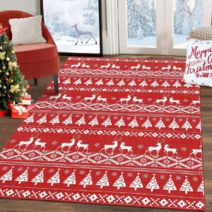 rugsreal washable christmas area rug christmas tree and deer boho area rugs carpet holiday decorative carpet rug velvet foldable coffee table accent rug farmhouse dining table rug, 4' x 6'