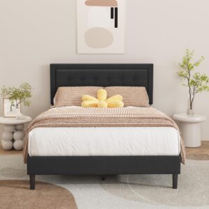 alazyhome full size black modern upholstered platform bed frame with button tufting headboard solid wood slats support no box spring needed easy assembly