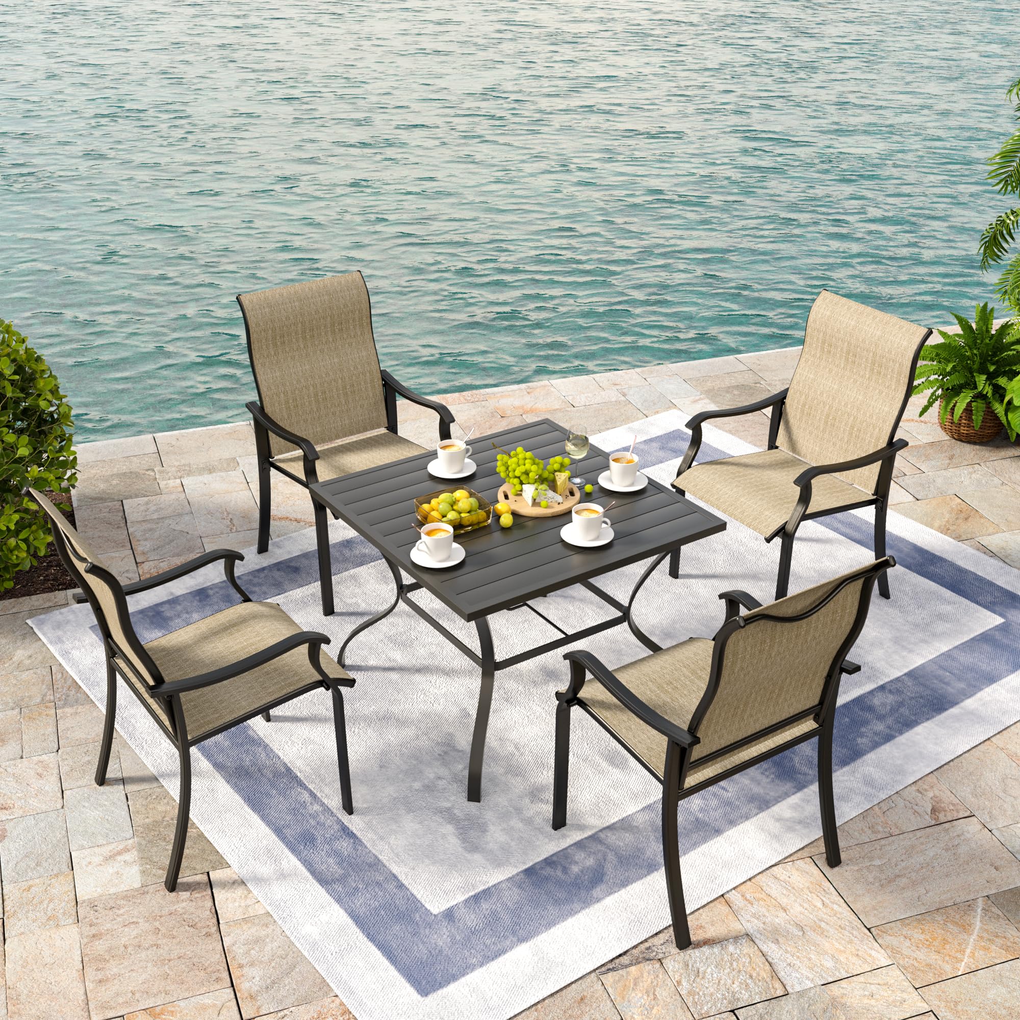 UDPATIO Patio Dining Chairs Set of 4, Outdoor Textilene Dining Chairs with High Back, Patio Furniture Chairs with Armrest, Metal Frame for Lawn Garden Backyard Deck, Brown