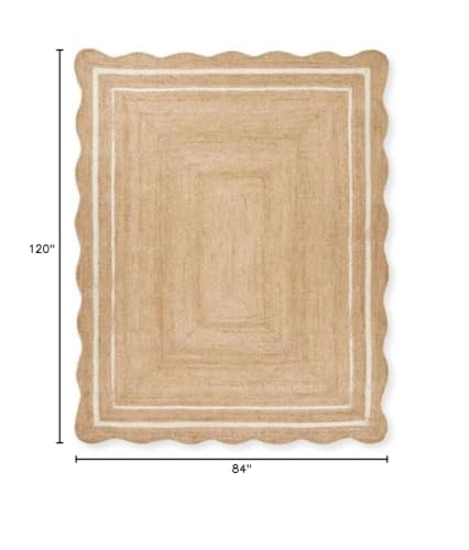 Weaver House Natural Jute Scalloped Rug – Handwoven Bohemian Decorative Rug (7x10 ft - White)